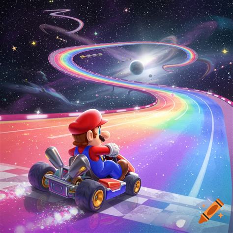 Mario Drives A Kart On A Vibrant Rainbow Road Winding Through Outer