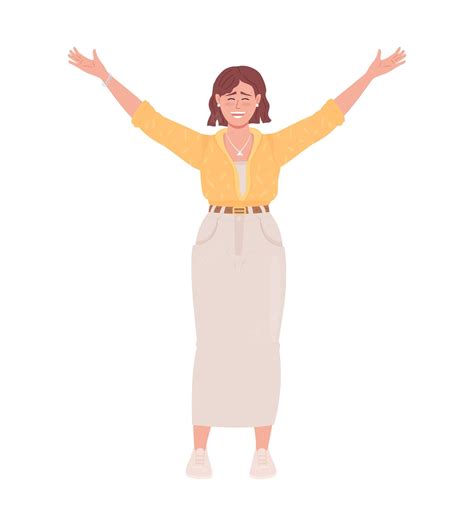 premium vector joyful woman raising up hands semi flat color vector character