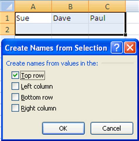 Microsoft Excel 2007 Naming Cells