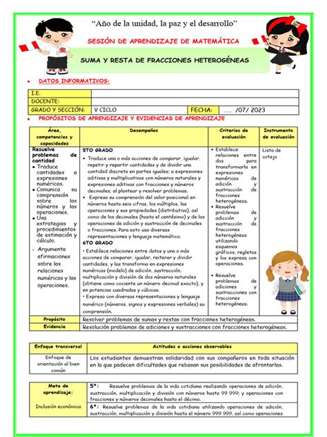 Ses Lun Mat Suma Y Resta De Fracciones Heterogéneas Pdf Sustracción Notación Matemática