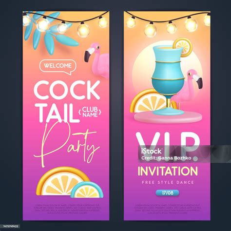 여름 칵테일 디스코 파티 포스터에는 3d 플라스틱 플라밍고 칵테일 조명 줄이 있습니다 초대장 디자인 벡터 그림 3차원 형태에