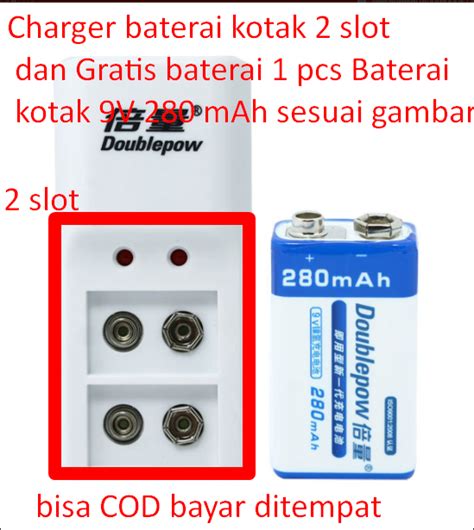 Charger Baterai Kotak 2 Slot Dan Gratis Baterai 1 Pcs Baterai Kotak 9v 280 Mah Sesuai Gambar