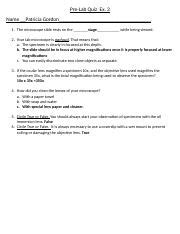 2 Pre Lab Quiz Ex 3 Docx Pre Lab Quiz Ex 3 Name Patricia Gordon 1 The Microscope Slide