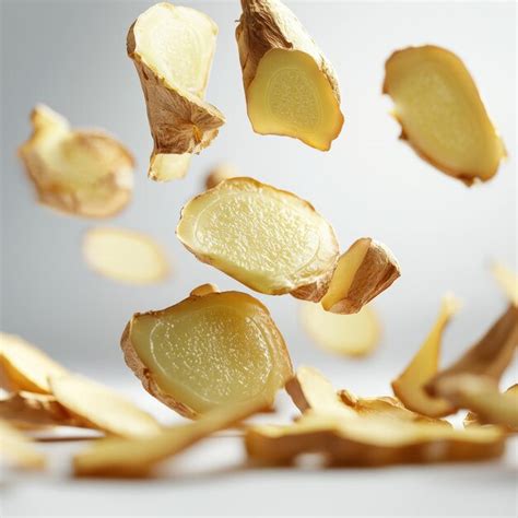 Falling Ginger Slices Isolated On White Background Premium Ai Generated Image