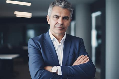 Premium Ai Image A Man In A Suit Stands With His Arms Crossed In Front Of A Glass Wall
