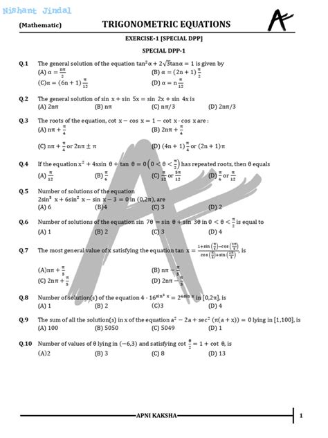 Sheet 01 Trigonometric Equation Nj 247 Pdf