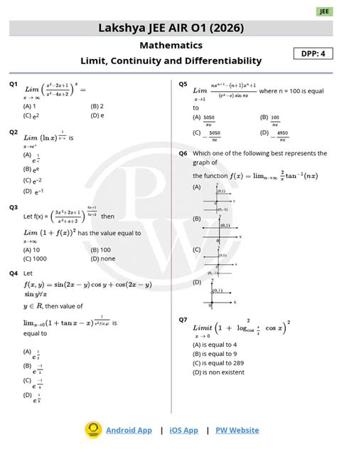 Limits Continuity And Differentiability Dpp 04 Lakshya Jee Air O1 2026 Pdf Mathematics