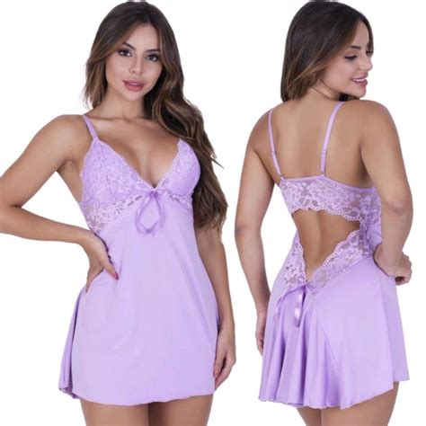 Camisola Renda Sem Bojo Lingerie Pijama Soltinha Linha Noite Costas Nua Com Calcinha Fio Tanga