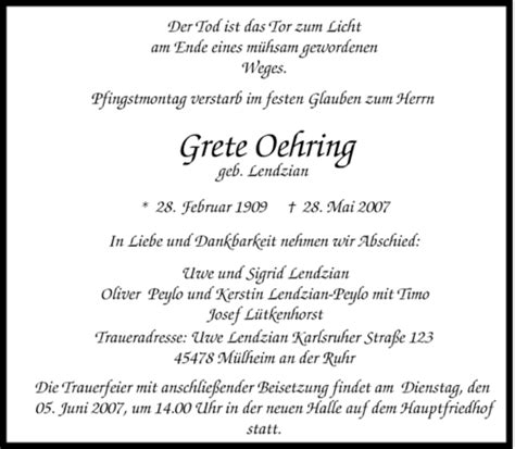 Traueranzeigen Von Grete Oehring Trauer In Nrw De