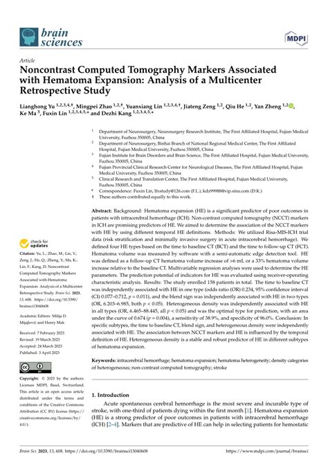 Pdf Noncontrast Computed Tomography Markers Associated With Hematoma Expansion Analysis Of A