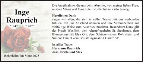 Traueranzeigen Von Inge Rauprich Abschied Nehmen De