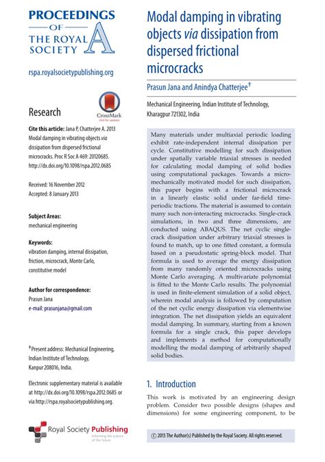 Pdf Modal Damping In Vibrating Objects Via Dissipation From Dispersed Frictional Microcracks