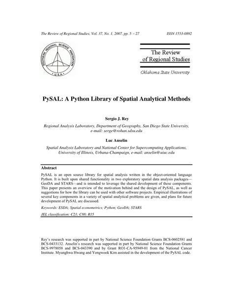 Pdf Pysal A Python Library Of Spatial Analytical Methods