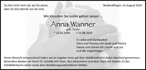 Traueranzeigen Von Anna Wanner Ostalbtrauer