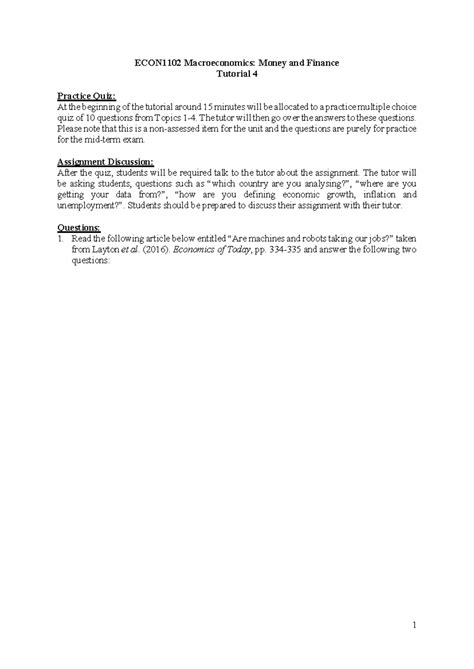 Tutorial 4 Questions 1 Econ1102 Macroeconomics Money And Finance Tutorial 4 Practice Quiz At