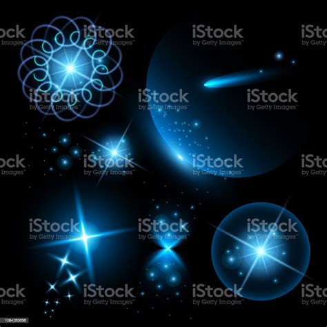 발광 효과의 창조적인 개념 벡터 세트 반짝 검은색에 고립 된 버스트를 별 그림 서식 파일 예술 디자인 크리스마스 배너 축 하 매직 플래시 에너지 레이 Led 조명에 대한