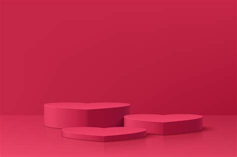 현실적인 받침대 포디움 그룹 하트 모양의 추상3d 레드 룸 발렌타인 제품 디스플레이 프리젠 테이션을위한 최소한의 장면 벡터 렌더링 기하학적 플랫폼 쇼케이스 무대 Eps10