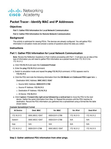 9 1 3 Packet Tracer Identify Mac And Ip Addresses Pdf
