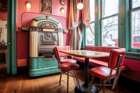 Premium Ai Image Vintage Diner Booth With Jukebox Selector On The Table Created With Generative Ai