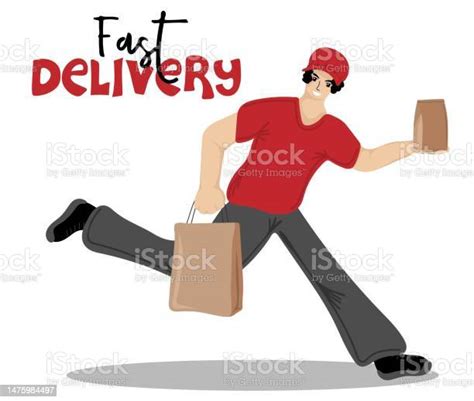 빠른 배달 빨간 유니폼을 입은 런닝맨이 종이 봉지를 들고 택배 배달 서비스 개념에 대한 스톡 벡터 아트 및 기타 이미지 개념 나름 나무 기둥 Istock