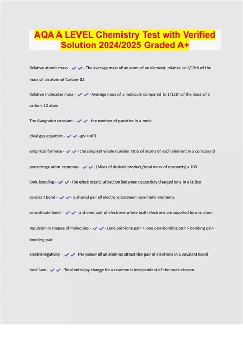 AQA A LEVEL Chemistry Test With Verified Solution 2024 2025 Graded A AQA A LEVEL Chemistry