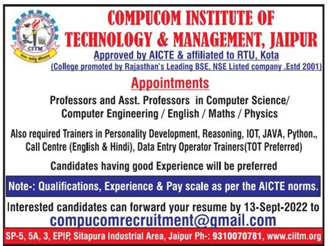 Compucom Institute Of Technology And Management Jaipur Wanted Professors Assistant Professors