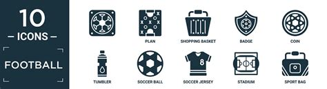 채워진 축구 아이콘 세트입니다 플랫 계획 장바구니 배지 동전 텀블러 축구공 축구 유니폼 경기장 스포츠 가방 아이콘을 편집 가능한 형식으로 포함합니다 Championship에