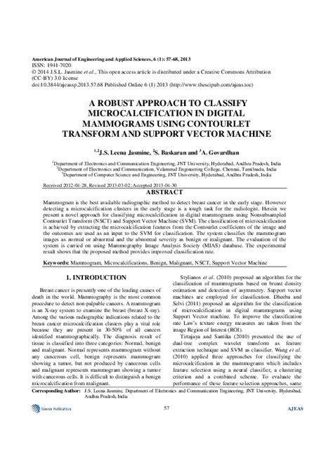 Pdf A Robust Approach To Classify Microcalcification In Digital Mammograms Using Contourlet