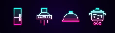 세트 라인 냉장고 주방 추출기 팬 음식 트레이와 요리 냄비로 덮여 있습니다 빛나는 네온 아이콘입니다 벡터 가리기에 대한 스톡 벡터 아트 및 기타 이미지 Istock