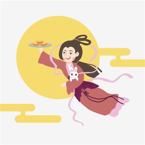 추석 일러스트 자유형 만화 선녀 포옹 토끼 보낸 월병 달에 도착하는 토끼 Png 일러스트 및 Psd 이미지 무료 다운로드