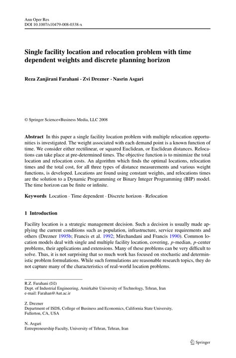 Pdf Single Facility Location And Relocation Problem With Time Dependent Weights And Discrete