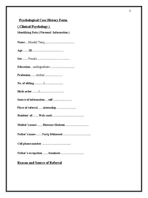 Psychological Case History Form Pdf