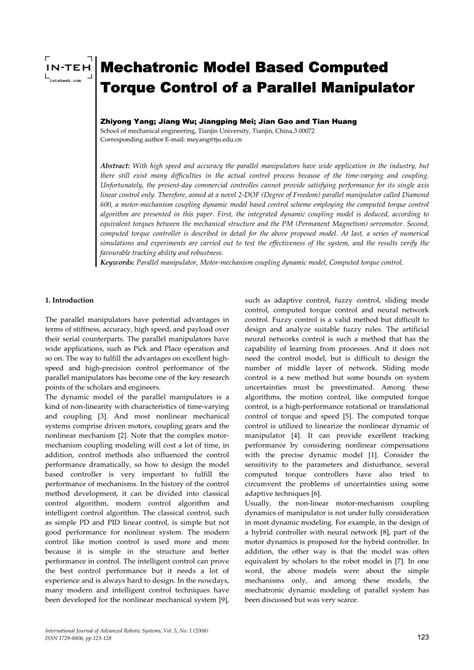 pdf mechatronic model based computed torque control of a parallel