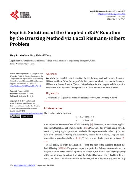 Pdf Explicit Solutions Of The Coupled Mkdv Equation By The Dressing