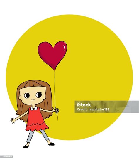 하트 풍선 사랑에 귀여운 행복 한 여자의 그려진된 그림을 손 귀여운에 대한 스톡 벡터 아트 및 기타 이미지 귀여운 드로잉