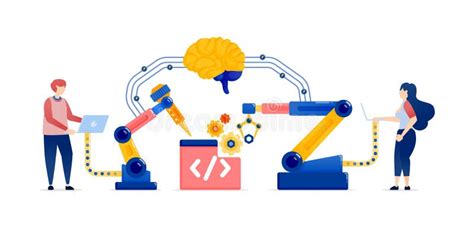 Illustration Of People Using Machines Assisted By Ai Brains To Enhance