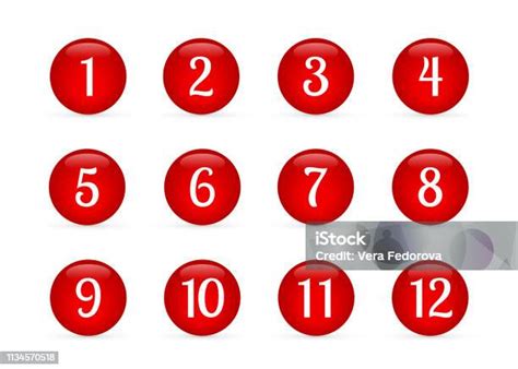 1부터 12 까지의 숫자와 광택 라운드 버튼의 집합입니다 흰색 절연 빨간색 유리 버튼 번호가 매겨진 배지 벡터 아이콘입니다 웹 사이트 및 모바일 응용 프로그램에 대 한 3d