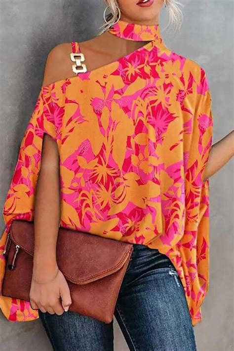 Wholesale Orange Pink Sexy Print Hollowed Out Patchwork Asymmetrical Halter Tops K58456 3 Online