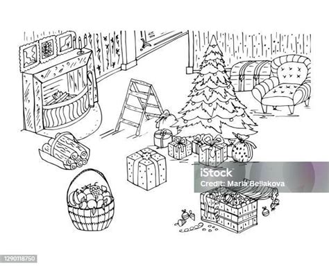 벽난로 장난감 크리스마스 트리 휴일 장식 방에 가구크리스마스 색칠 공부 책 새해 배경에 대한 벡터 일러스트레이션 계단에 대한 스톡 벡터 아트 및 기타 이미지 Istock