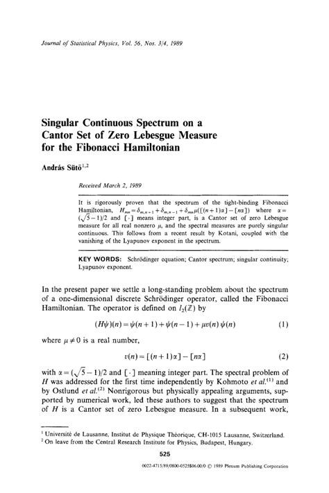 Pdf Singular Continuous Spectrum On A Cantor Set Of Zero Lebesgue Measure For The Fibonacci