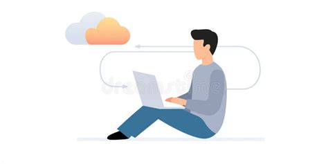 Young Man Sitting On The Floor Using A Laptop With Cloud Computing