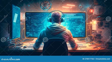 Programmer Working Behind Computer Modern Interior Generative Ai Stock Illustration