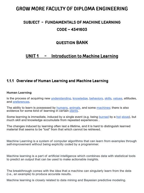 Ml Unit 1 Pdf Machine Learning Statistical Classification