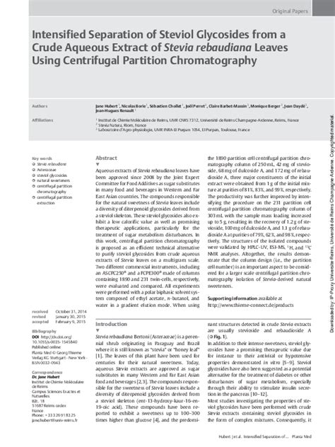 Pdf Intensified Separation Of Steviol Glycosides From A Crude Aqueous Extract Of Stevia