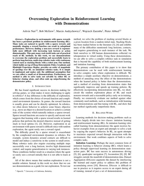 Pdf Overcoming Exploration In Reinforcement Learning With Demonstrations