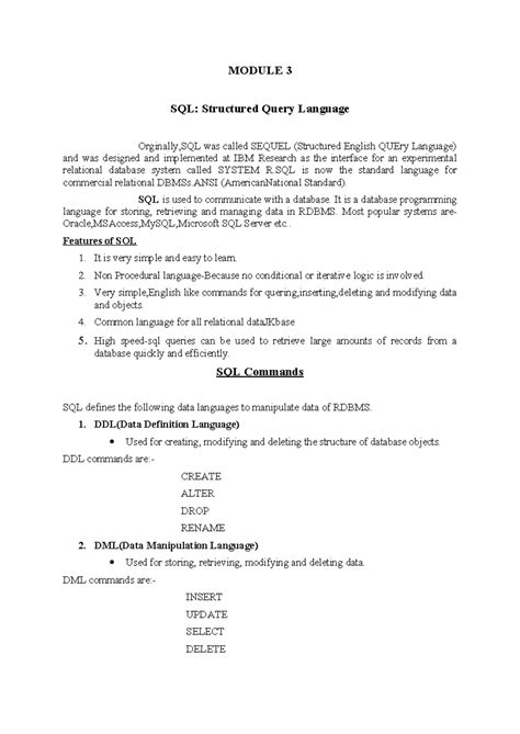 Module 3 Module 3 Sql Structured Query Language Orginallysql Was Called Sequel Structured