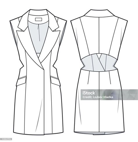 여성용 컷아웃 재킷 드레스 테크니컬 패션 일러스트레이션 소녀의 미니 드레스 패션 플랫 템플릿 슬림 핏 민소매 영어 칼라 전면 및 후면보기 화이트 컬러 여성 Cad 모형 세트