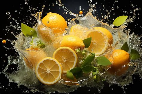 Citrus Explosion Suspended Fresh Lemon And Splash Create A Captivating Advertising Scene Stock