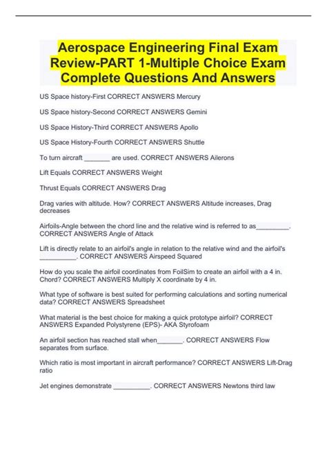 Aerospace Engineering Final Exam Review Part 1 Multiple Choice Exam Complete Questions And