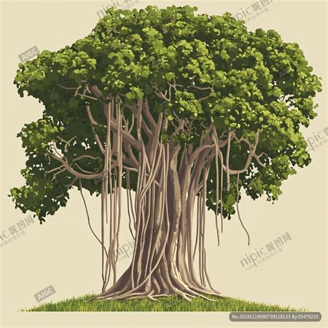 Ai创作图手绘榕树 插画大树 大树插画 大画幅榕树 绿色大树树木 绿树榕树古树大树 大树素材手绘 大树型 生态素材大树 绿色大树植物树木 艺术